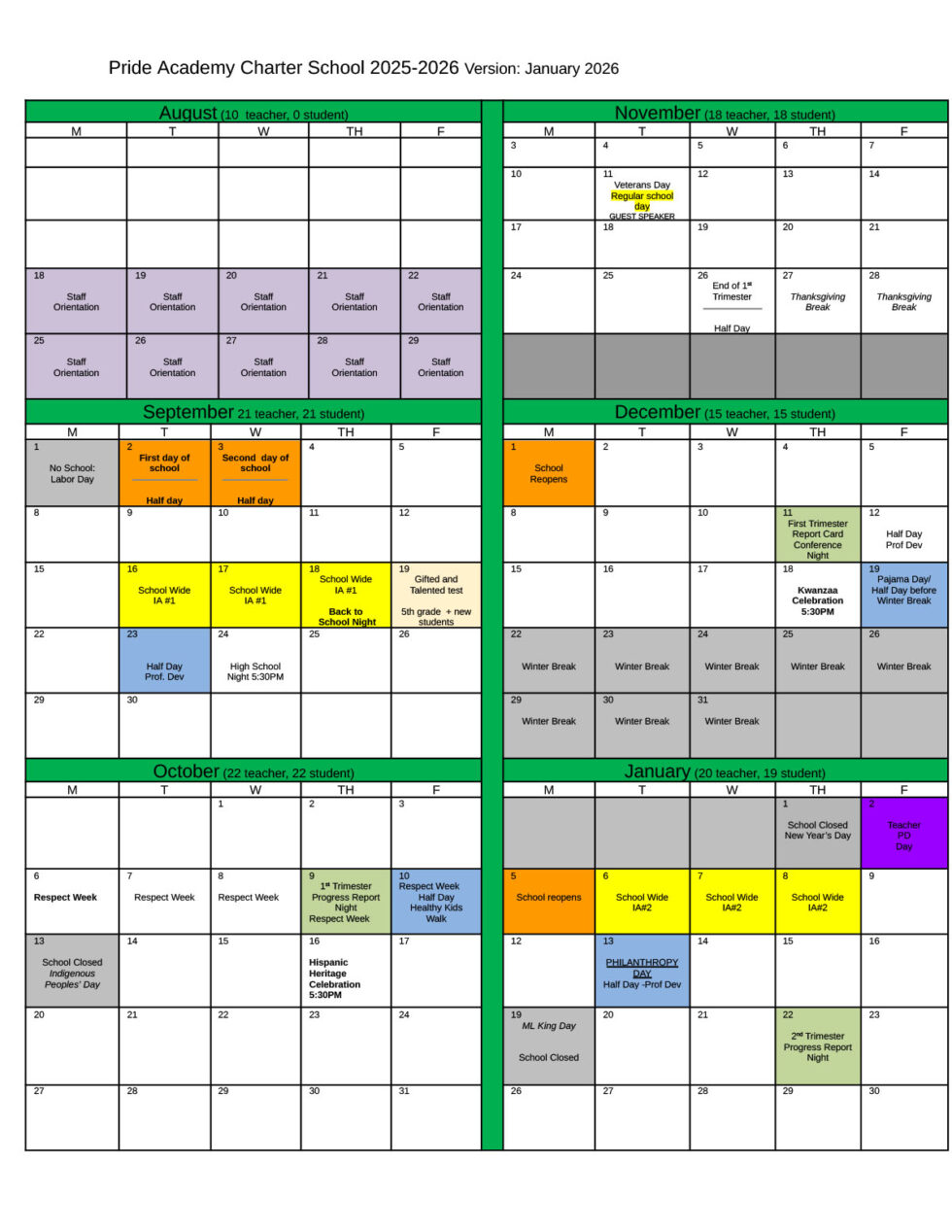 School Calendar - Pride Academy